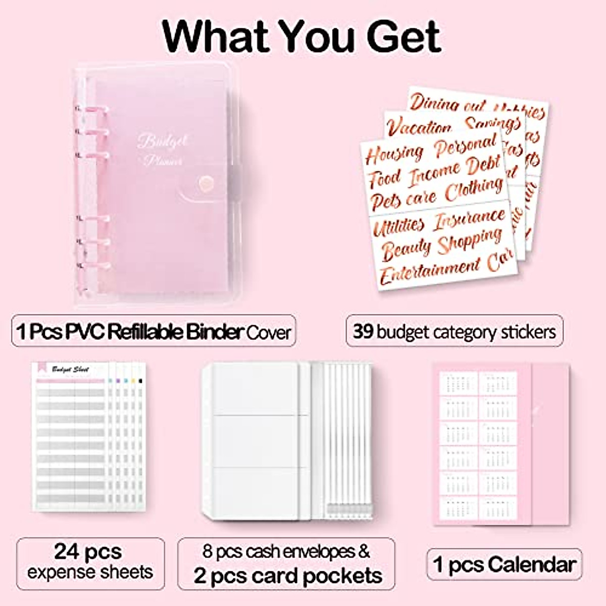Budget Binder with Zipper Envelopes, [Jelly Glitter Collection] Money Organizer with Large Rose Gold Stickers, Calendar Cover, 6pcs Card Slots & 24pcs Expense Sheets, Gift Box Packaging, Saving Binder