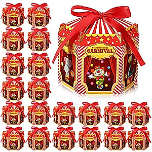 Carnival Treat Boxes Circus Cupcake Paper Candy Boxes Red White Stripes Carnival Paper Favor Boxes Carnival Goody Gift Decorations for Carnival Theme Birthday Halloween Holiday Celebration (24 Pcs)
