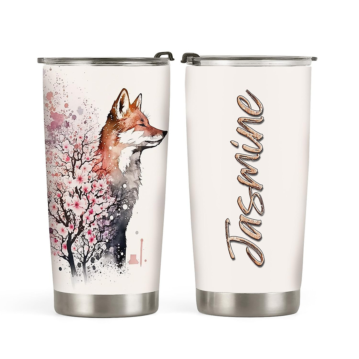 ORCAE Personalized 20oz 30oz Cherry Blossom Fox Tumber, Fox Gifts for Fox Lovers, Coffee Thermos for Women, Fox Tumbler Cup, Stainless Steel Coffee Thermos Insulated Travel Mug with Lid - D