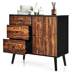 Tangkula Retro Storage Cabinet, Wood Floor Cabinet with 3 Drawers and 1 Cabinet w/Adjustable Shelf, Accent Cabinet for Living Room Entryway Home Office, Rustic Brown (Retro)