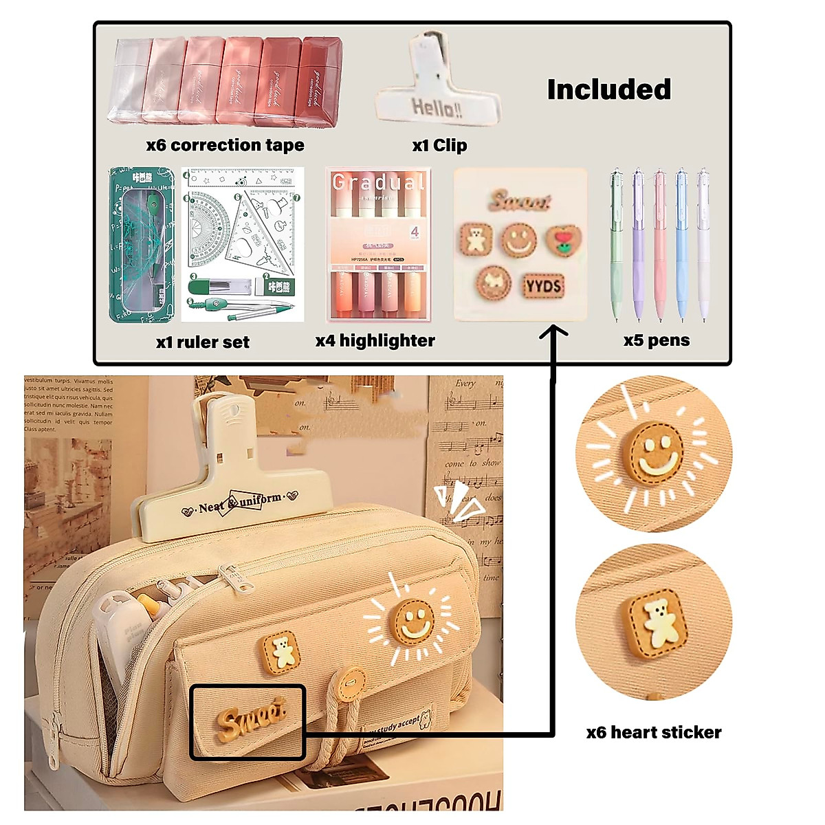 Krdrgey Beige Pencil Case, Large Capacity Study Pouch Bag with Two Compartments, Portable Soft Canvas Easy Carry for Library and Travel Makeup Organizer, Elegant Aesthetic Study Supplies (green)