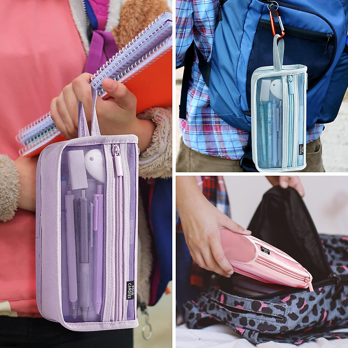 Four Candies Grid Mesh Pencil Case with Handle and Zipper, Clear Double-layer Pencil Pouch Marker Pouch, Travel Makeup Bag, Cute Transparent Stationary Organizer Pen Bag for Adult Office College