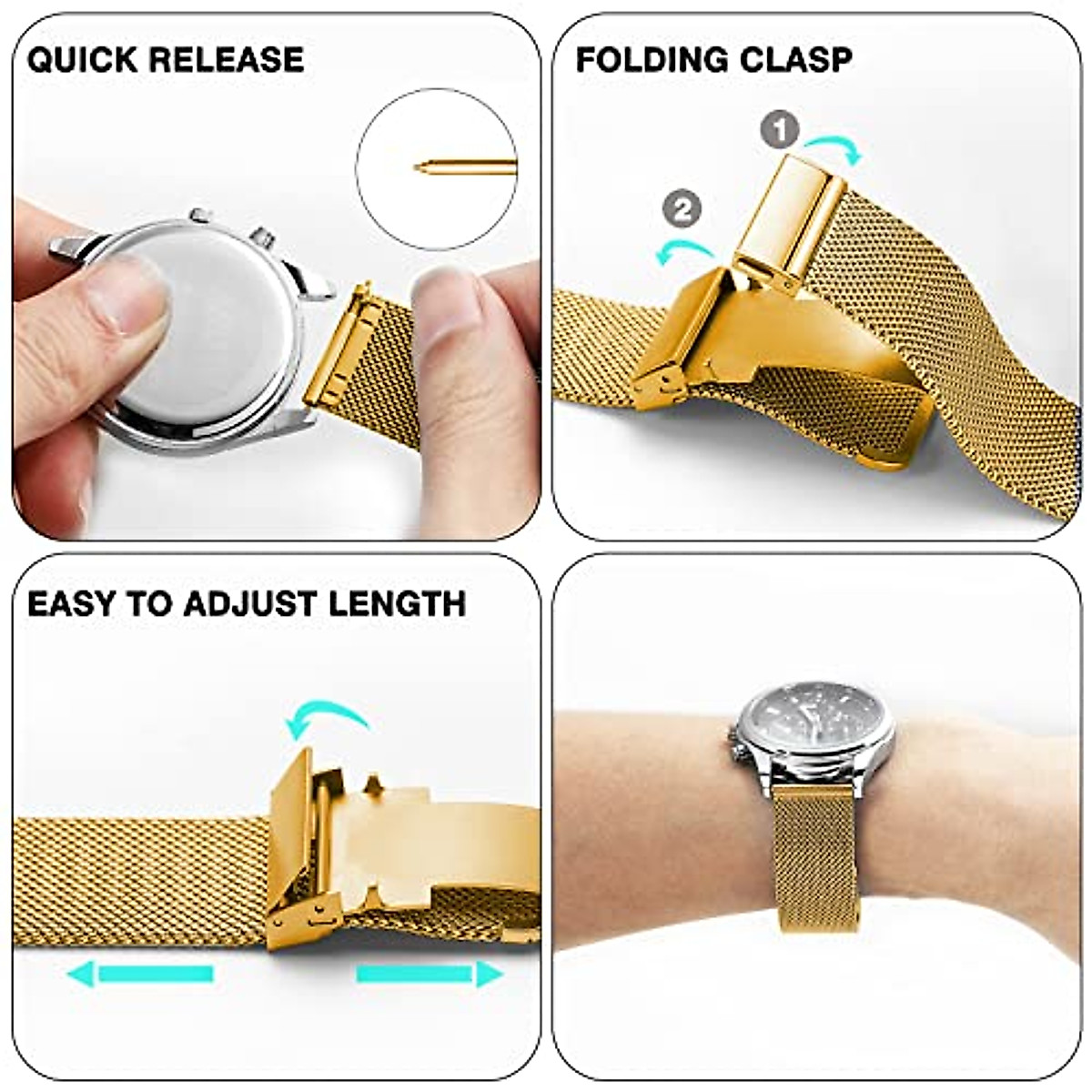 JIEANTE Stainless Steel Mesh Watch Band for Mens Women, Quick Release Mesh Watch Straps 18mm 20mm 22mm 24mm （20mm Gold）