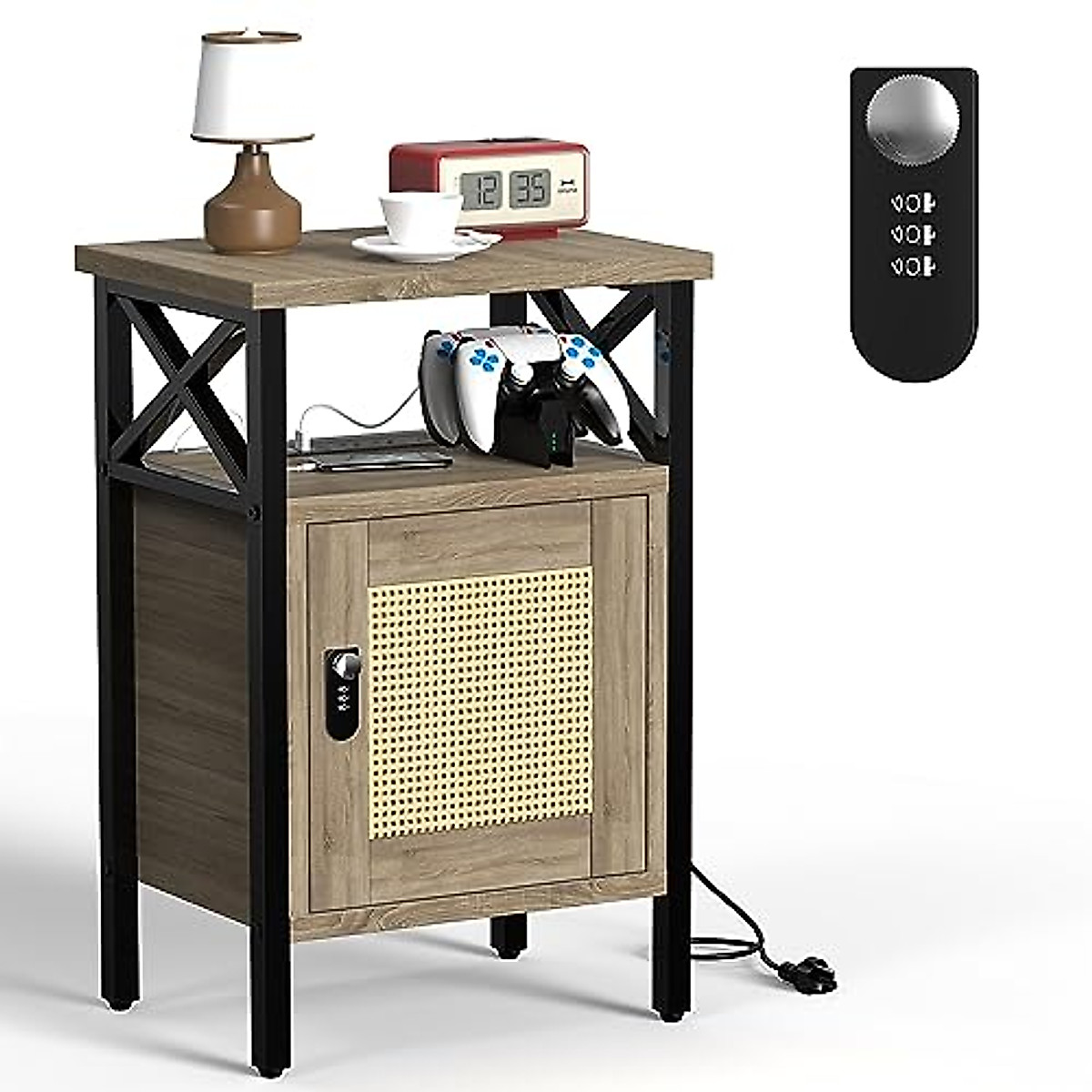 runjuly Rattan Nightstand with Lock, End Table with Charging Station, Side Table with Rattan Door and Open Shelf, Wooden Farmhouse Bedside Table for Bedroom, Living Room, Dorm