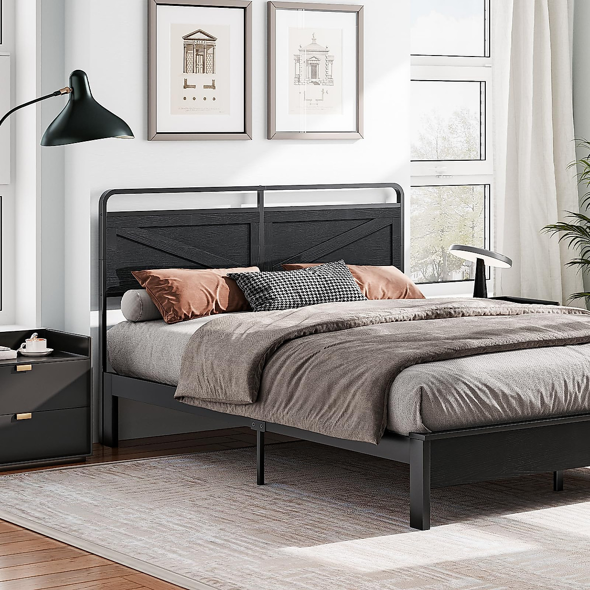 HOOBRO Wooden Panel Headboard, Queen Headboard, Minimalist Headboard with Metal Frame, Height Adjustable, Headboard with Bed Frame Adapter, Black