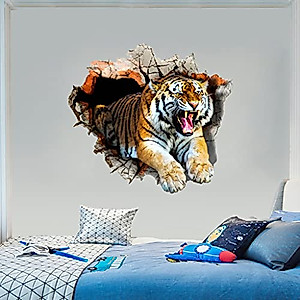 Pinenjoy 3D Tiger Wall Decal Smashed Wild Animal Wall Sticker 23.62x23.62inch Removable Self-Adhesive Vinyl Jungle Animal Wall Mural for Nursery Playroom Kids Room Bedroom Wall Decors
