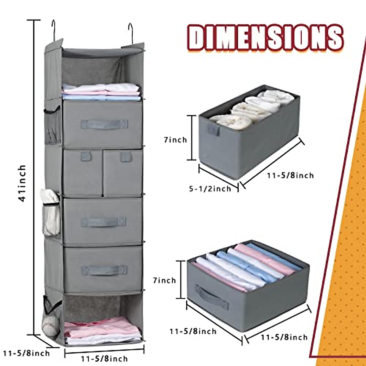 Bosuelife 6-shelves Hanging Closet Organizer with 5 Different Drawers, Foldable Closet Organizers and Storage for Wardrobe, Closet& RV, Clothes and Accessories Storage, Non-woven fabric, Gray