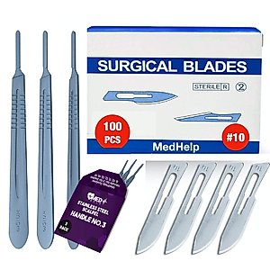 MEDHELP Pack of 100 Disposable Surgical Blades 10 and Pack of 3 Scalpel Handle No 3 - Size 10 Scalpel Blades for Surgical Knife Scalpel, High Carbon Steel Dermablade Surgical Blades