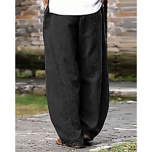 IXIMO Women's Casual Cotton Linen Baggy Pants with Elastic Waist Relax Fit Lantern Trousers Black XL