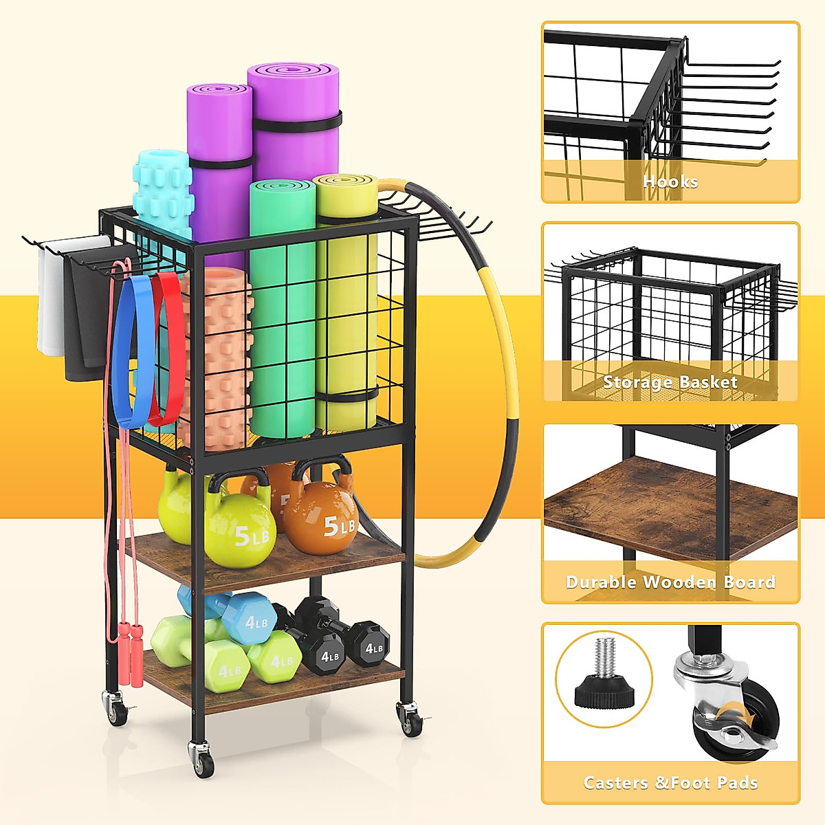 Weight Rack for Dumbbells, Yoga Mat Storage Rack, Home Gym Workout Equipment Storage Organizer, 3-Tier Wooden Dumbbell Rack Weight Stand with Hooks, Yoga Mat Holder with Wheels for Yoga Block