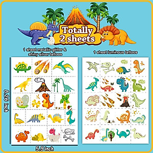 Leesgel Dinosaur Temporary Tattoos for Kids, Dinosaur Stickers, Dinosaur Birthday Party Supplies Decorations (37 Styles Glow + Metallic Glitter)