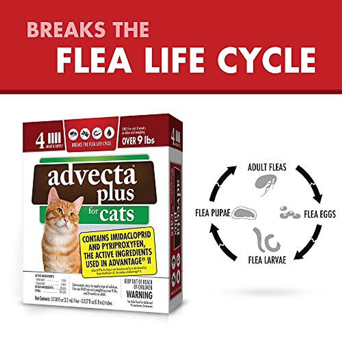 Advecta Plus Flea Prevention For Cats, Cat and Kitten Treatment & Control, Small and Large, Fast Acting Waterproof Topical Drops, 4 Month Supply