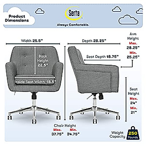 Serta Ashland Ergonomic Home Office Chair with Memory Foam Cushioning Chrome-Finished Stainless Steel Base, 360-Degree Mobility, Fabric, Grey