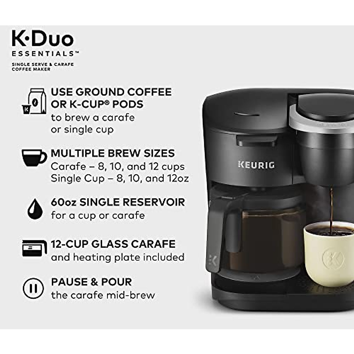 CHNLML Ke-urig K-Duo Essentials Single Serve & Carafe Coffee Maker, Black, 15.75 x 15.67 x 15.75 Inches