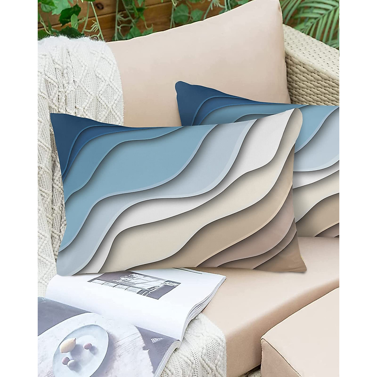 MUSWEDSEP Blue Stripe Outdoor Pillow Covers Pack of 2,Ocean Beach Modern Geometric Waterproof Throw Pillow Cover,Brown Gradient Water Ripple Decorative Cushion Case for Patio Garden Couch Sofa