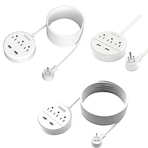 NTONPOWER Power Strip Flat Plug Bundle, 3 Outlets 2 USB Compact Power Strip with 25ft and 15ft Cord and 5ft Cord, Right Angle Plug for Office, Home, Nightstand