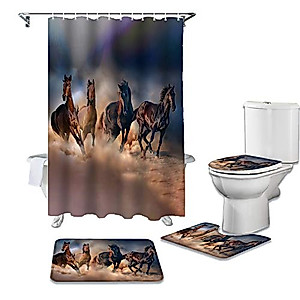 FAMILYDECOR 4 Piece Shower Curtain Sets with Non-Slip Rug, Toilet Lid Cover and Bath Mat, Horses Galloping Fast on The Ground Shower Curtain with Hooks, Durable Waterproof Bath Curtain 36x72 Inch
