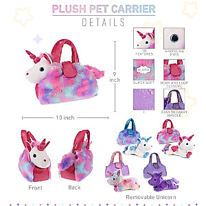 DolliBu Unicorn Bags Collection Set of 4 - Unicorn Stuffed Animal Purse Bags for Girls, Removable White, Purple, Rainbow, Blue Unicorns in Furry Handbags