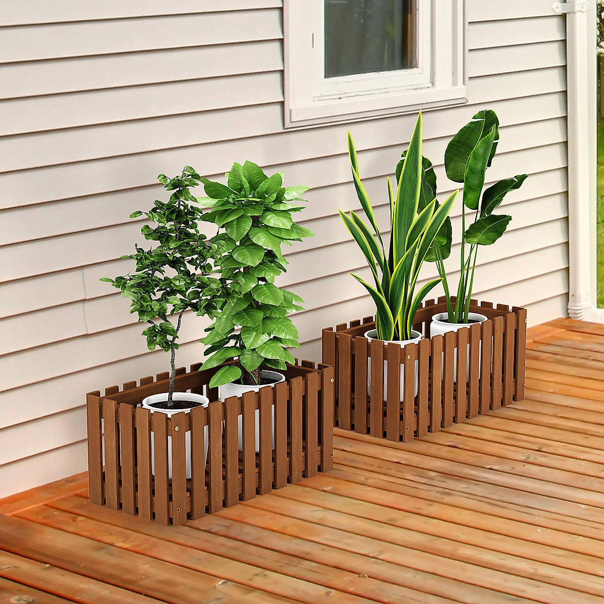 Furinno FG18453 Tioman Hardwood Patio Furniture Outdoor Slat Style Flower Planter Box, Natural