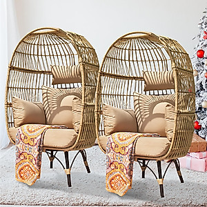 BULEXYARD Patio Wicker Stationary Egg Chair with Legs, Indoor Outdoor Oversized PE Rattan Egg Lounge Chairs for Garden, Backyard, Living Room, Bedroom(Brown/Brown, 2 Pcs)