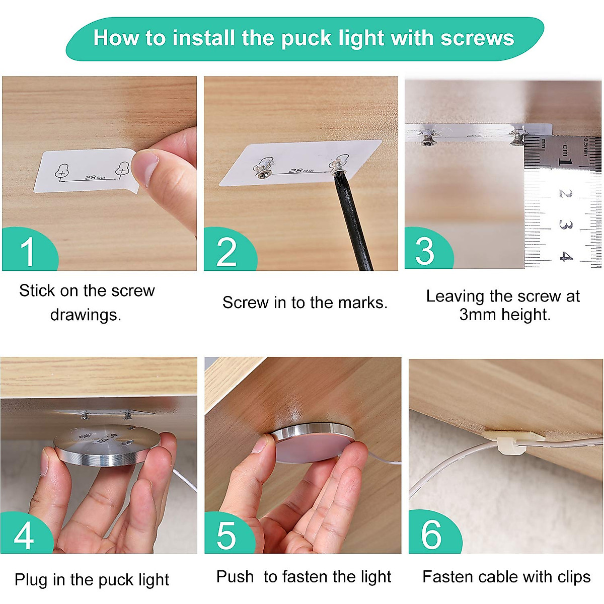 LED Under Counter Lighting Fixture,3 Pack Wired Linkable Under Cabinet Lights for Kitchen,Plug in Puck Lights with Manual Switch for Wardrobe Closet Showcase Bookcase（6000K Daywhite）