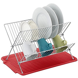 J&V TEXTILES Foldable Dish Drying Rack with Drainboard, Stainless Steel 2 Tier Dish Drainer Rack, Collapsible Dish Drainer, Folding Dish Rack for Kitchen Sink, Countertop, Cutlery, Plates (Red)