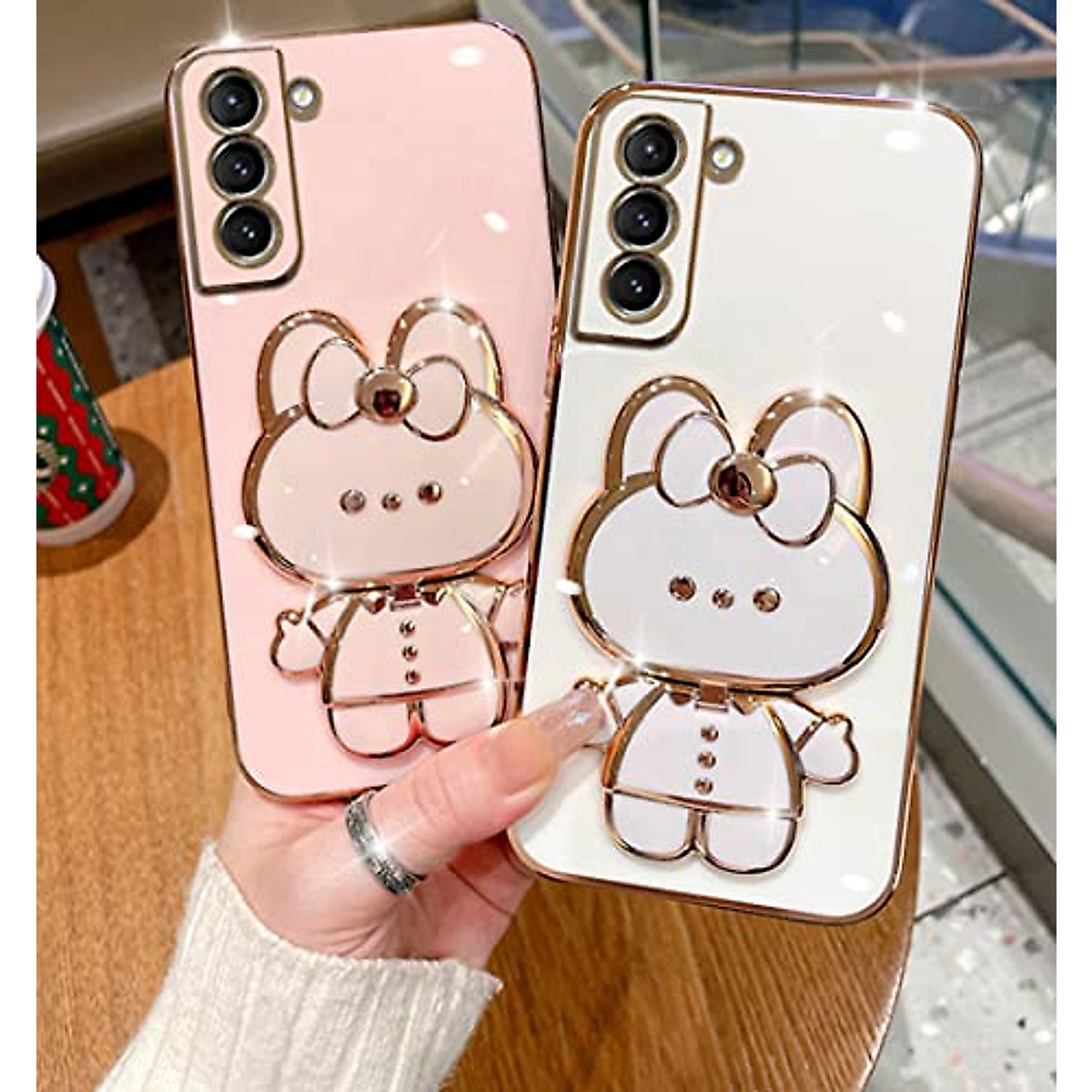 for Samsung Galaxy A14 Case for Women Girls,6D Cute Hidden Rabbit Bunny Stand Design,Luxury Plating Glitter Girly Soft Silicone Makeup Mirror Phone Case with Camera Cover for Samsung A14 5G (Pink)