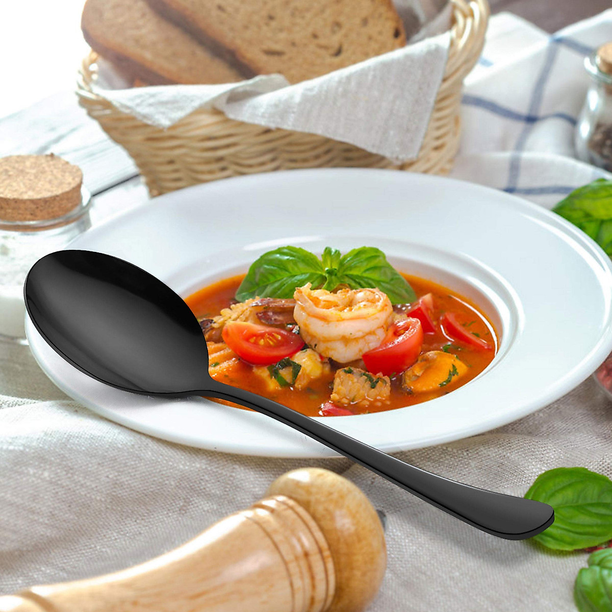 LIANYU 8 Pack Large Black Serving Spoons, Black Slotted Serving Spoons, 9.8 Inch Stainless Steel Serving Utensils Spoon Set for Banquet Catering Buffet Dinner Restaurant Party