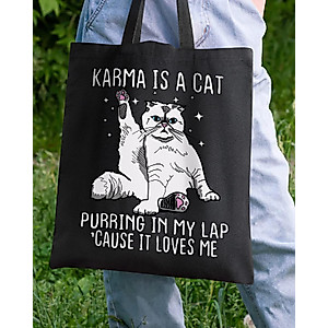 AUSVKAI Cute Tote Bag for Women, Totes Bag Gift-Karma is A Cat for Grocery Beach