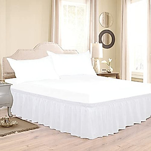 Biscaynebay Wrap Around Bed Skirts for Queen Beds 15 Inches Drop, White Elastic Dust Ruffles Easy Fit Wrinkle & Fade Resistant Silky Luxurious Fabric Solid Machine Washable