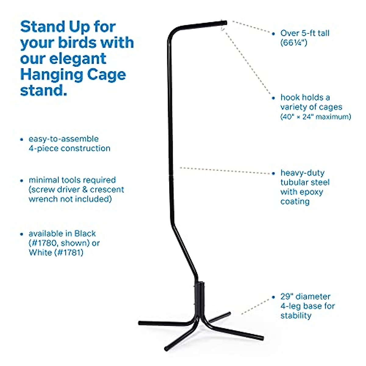 Prevue Hendryx Tubular Steel Hanging Bird Cage Stand 1780 Black, 24-Inch by 24-Inch by 62-Inch