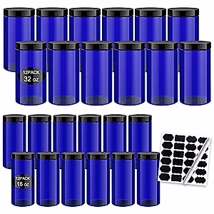 AEGISMILE PLastic jars with lids 32 OZ & 16 OZ 24 Pcs Plastic Storage Jars Containers with Airtight Black Plastic Screw On Lids Large Round Jars Easy Clean for Household and Kitchen Organizing