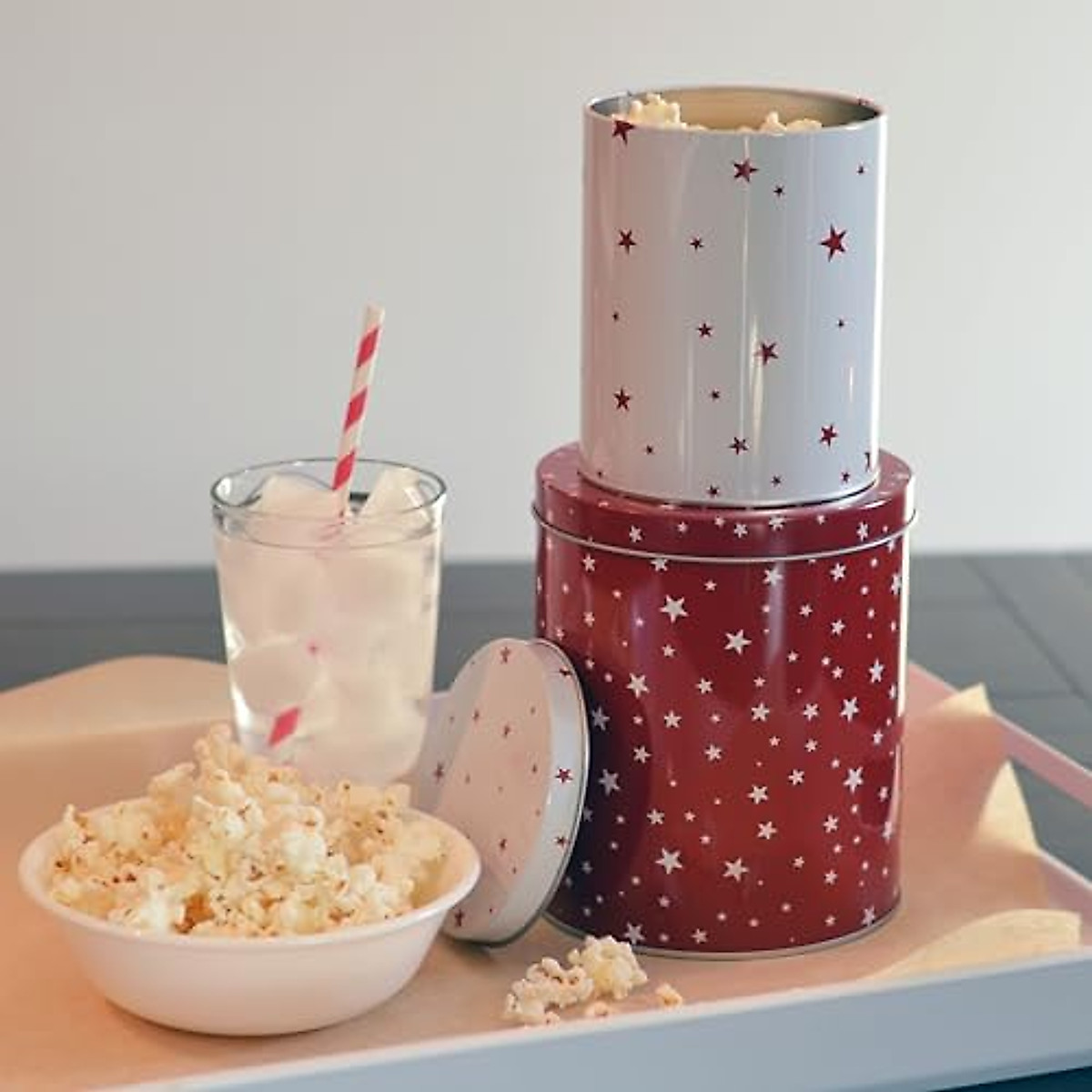 WHW Whole House Worlds 2 Piece Red and White Cookie Tin Set With Detachable Lids, Merry Star Pattern, Cylinders, 5 and 6.25 Inches Tall