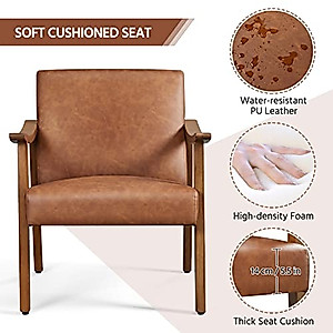 Yaheetech PU Leather Accent Chair, Mid-Century Modern Armchair with Solid Wood Legs, Reading Leisure Chair with High Back for Living Room Bedroom Waiting Room, Light Brown 1