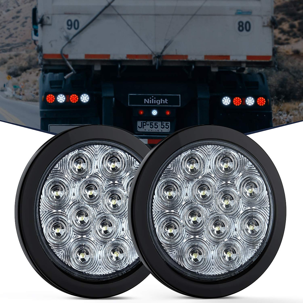 Nilight 2PCS 4" White Round LED Reverse Back Up Light w/Surface Mount Grommet Plugs Trailer Tail Lights for Truck Trailer RV Jeep, 2 Years Warranty (TL-26)