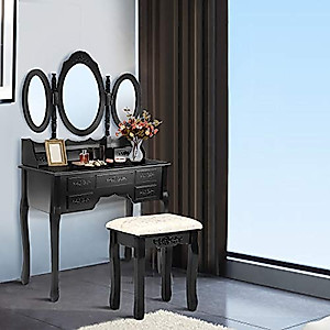 GOFLAME Vanity Stool, Retro Makeup Dressing Bench with Solid Wood Legs, Piano Seat with Carved Flowers, Thick Padded Cushioned Chair with 250lb Capacity, Large Vanity Benches for Bedroom (Black)