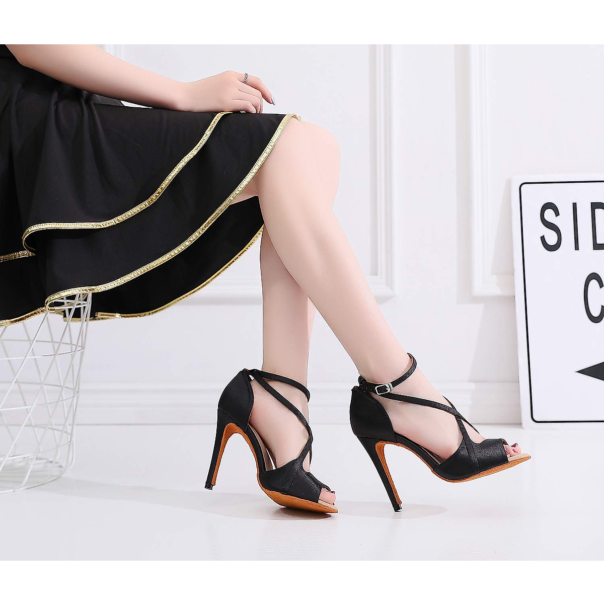 Goettin Women's Latin Dance Shoes High Heel Sandals Stain Professional Ballroom Salsa Practice Performance Dance Shoes Bachata Shoes PU Wedding Pumps shoes with 7.5CM Heel