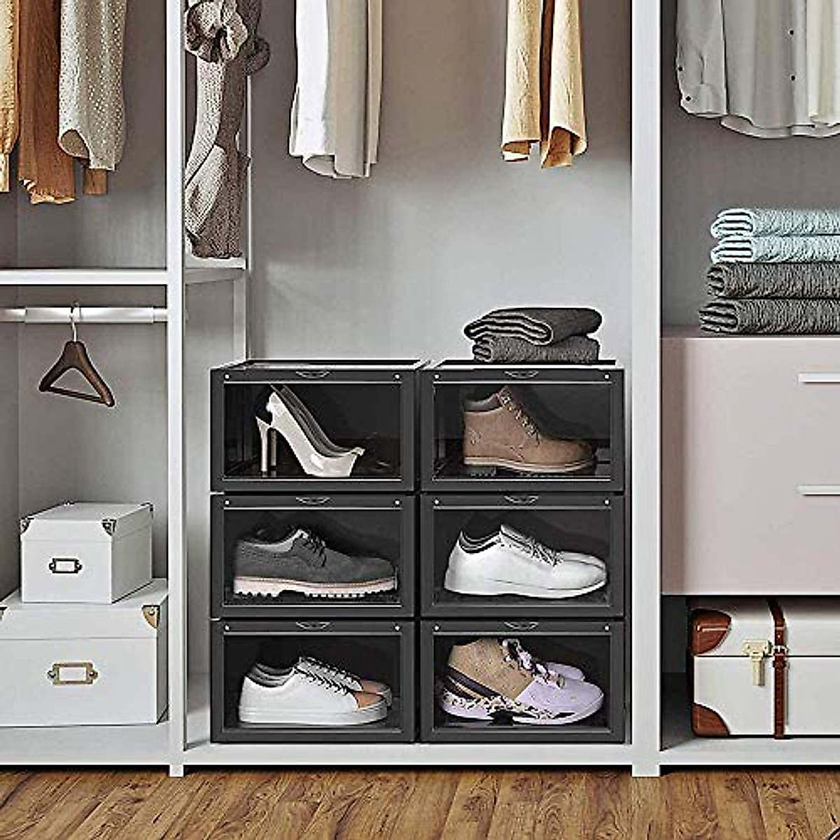 Shoe Storage Boxes Clear Stackable Women Men Sneaker Storage Display Box Foldable Shoe Organizer Box Black Closet Bedroom Plastic Shoe Boxes Black (3 Pack)