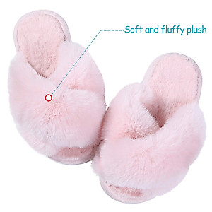 Girl's Soft Plush Lightweight House Slippers Non Slip Cross Band Slip on Open Toe Cozy Indoor Outdoor Slippers PK33 Pink