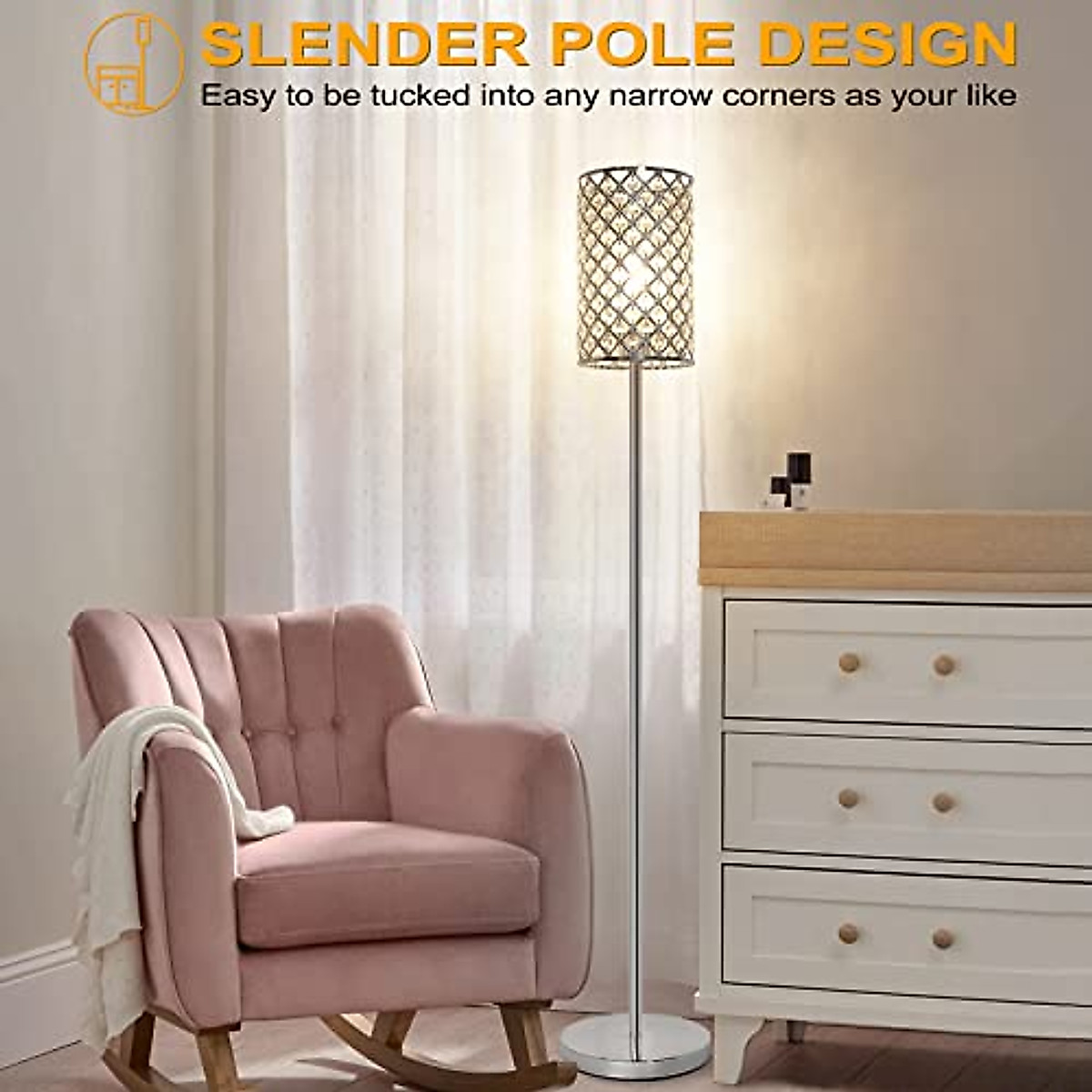 Crystal Floor Lamp, Modern Standing Lamp with Elegant Shade, LED Floor Lamp with On/Off Foot Switch, Silver Finish Tall Pole Lamp Accent Light for Living Room, Girl Bedroom, Dresser, Office (E26 Base)