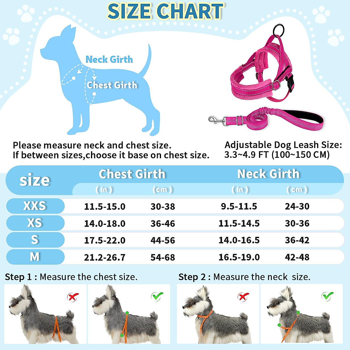 SlowTon No Pull Small Dog Harness and Leash Set, Puppy Soft Vest Harness Neck & Chest Adjustable, Reflective Lightweight Harness & Anti-Twist Pet Lead Combo for Small Medium Dogs (Fuchsia, XXS)