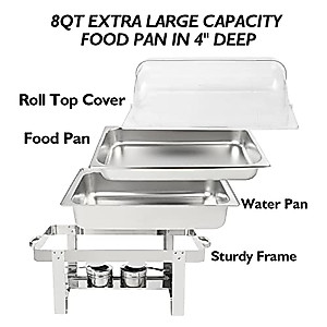 Restlrious Chafing Dish Buffet Set with Roll Top Plastic Cover, Stainless Steel 8 QT Rectangular Chafers and Buffet Warmers Set w/Half Size Food Pan, Water Pan, Fuel Can for Catering Event Party