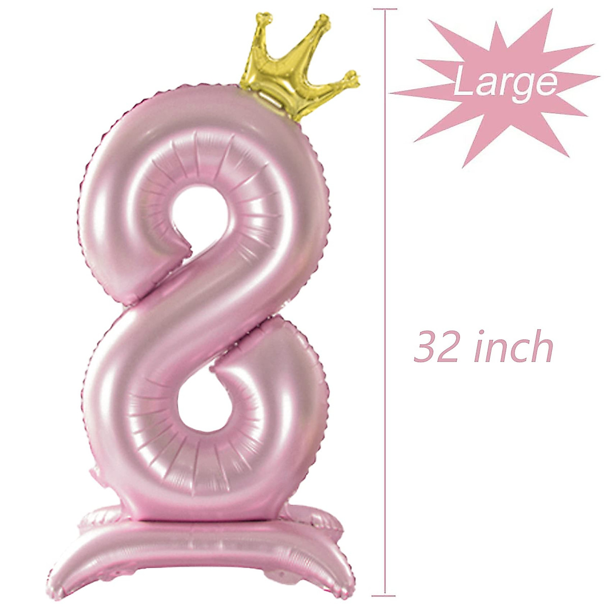 Tellpet Crown Pink Number 8 Balloon with Base For Girls 8th Birthday Party Decoration