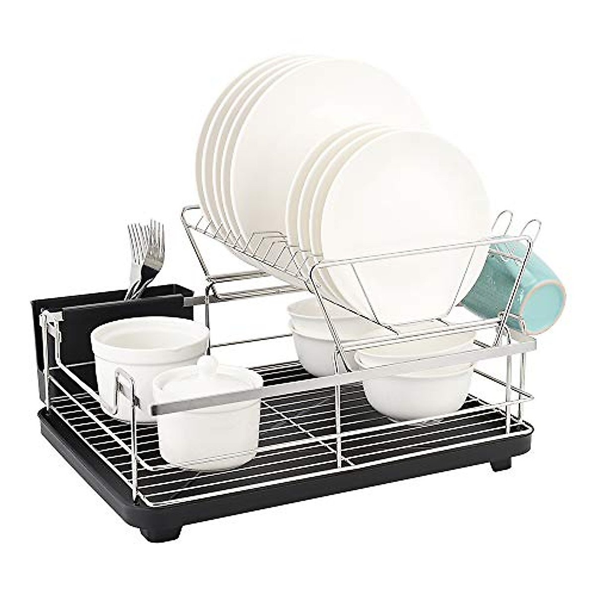 Dish Drying Rack, Small Dish Rack with Utensil Holder, Wine Glasses Holder, Compact Dish Drainer for Kitchen Counter Cabinet