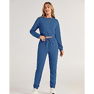 BTFBM Women 2 Piece Outfits 2023 Long Sleeve Crop Tops Tracksuit Drawstring Pant Jogger Set Casual Sweatsuits Pullover(Solid Lake Blue, Medium)