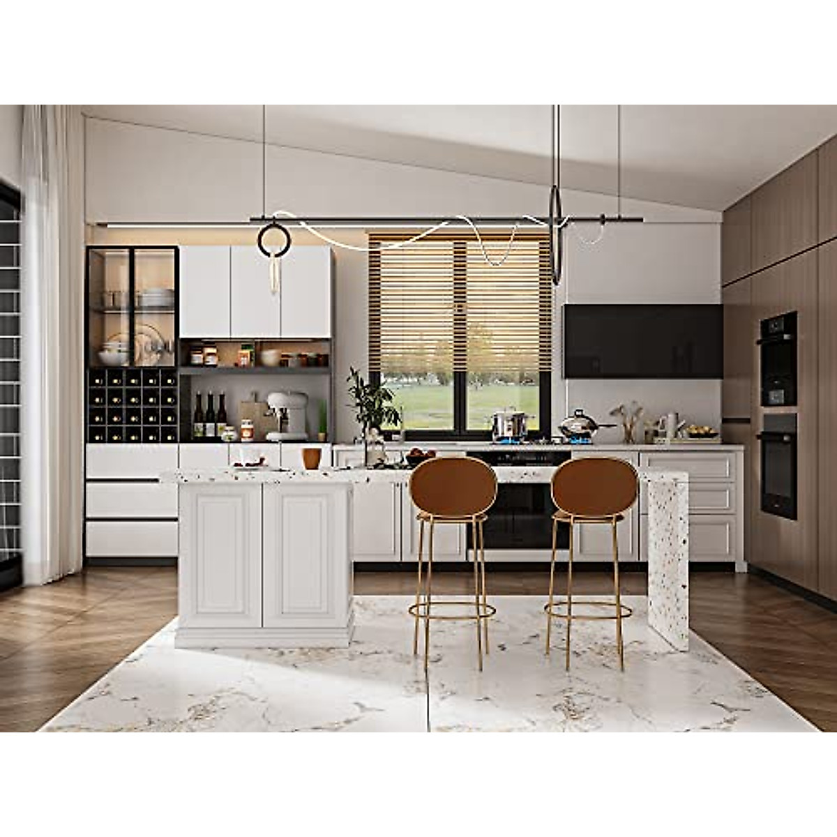 FAMAPY Kitchen Hutch Storage Cabinet with Wine Storage & Glass Doors and Lights, Storage Cabinet Bar Cabinet with Adjustable Shelves, White and Dark Grey (63”W x 15.7”D x 82.6”H)