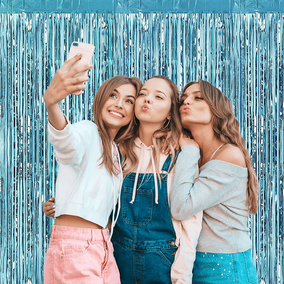 HalloweenDecorate 4 Pack Light Blue Foil Fringe Curtain Backdrop, 3.28Ftx8.2Ft Metallic Tinsel Streamer Curtains for Party, Photo Booth Props, Birthday, 2022 Graduation Decoration Party Supplies