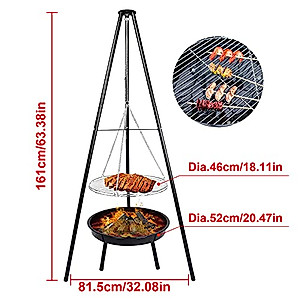 BestYiJo Hanging Tripod Camping Stove, Outdoor Tripod Barbecue Stove Height Adjustable Campfire Cooking Pot for Barracks Garden BBQ, with Barbecue Net and Grill