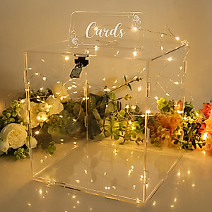 Eaezerav Acrylic Wedding Card Box, Clear Acrylic Wedding Money Box with Lock and Card Sign for Reception Anniversary Wedding Birthday Graduation Party (Acrylic 10×10×9 Inch)