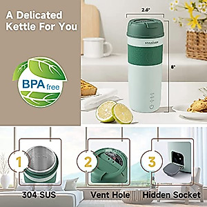 Stariver Travel Electric Kettle, 350ML Portable Electric Tea Kettle BPA-Free, Small Electric Kettle with 3 Temp Setting, Hot Water Boiler with Keep Warm, 304 Stainless Steel and Fast Boil, Green